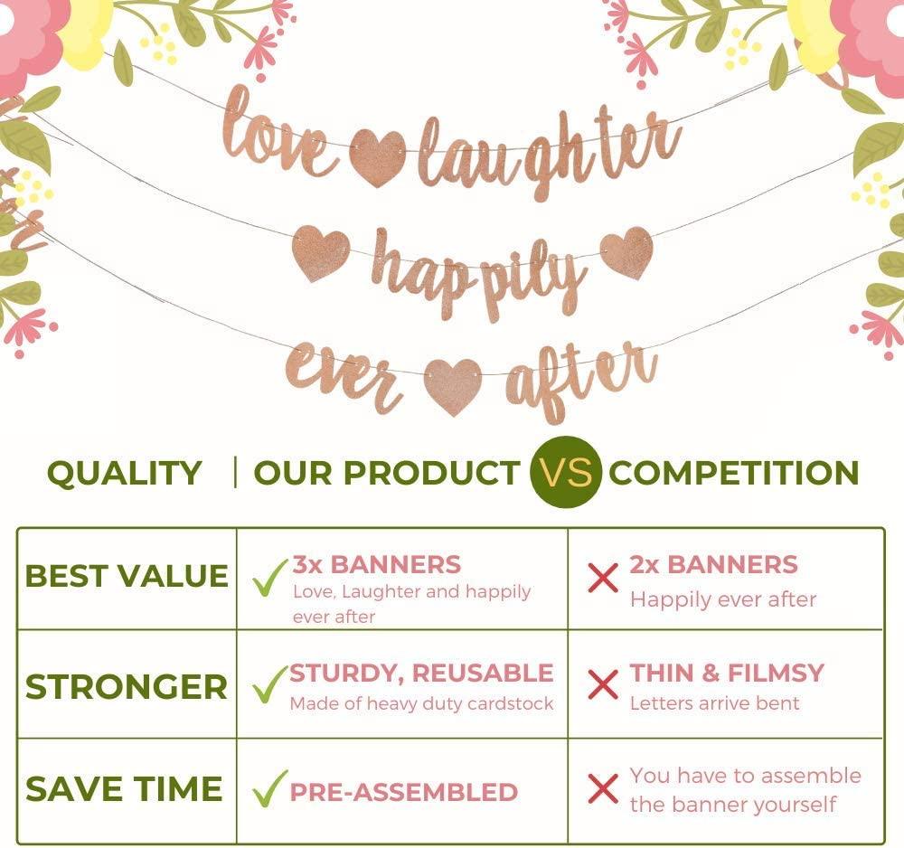 3Pcs Rose Gold Glitter Love Laughter and Happily Ever After Banner - W ...
