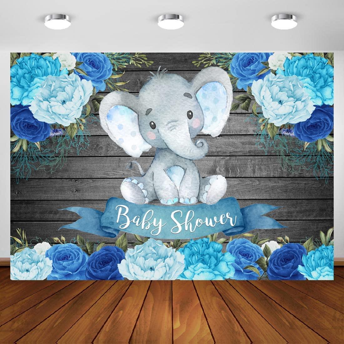 Boy Elephant Baby Shower Backdrops Blue Floral Watercolor Flowers Rust ...