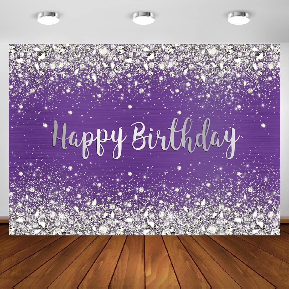 Glitter Purple Diamonds Happy Birthday Backdrop Shinning Silver Bokeh ...