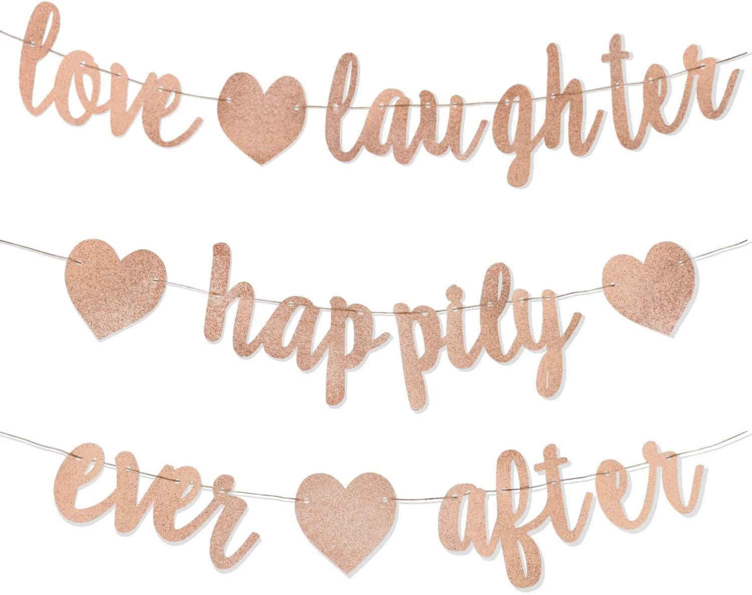 3Pcs Rose Gold Glitter Love Laughter and Happily Ever After Banner - W ...