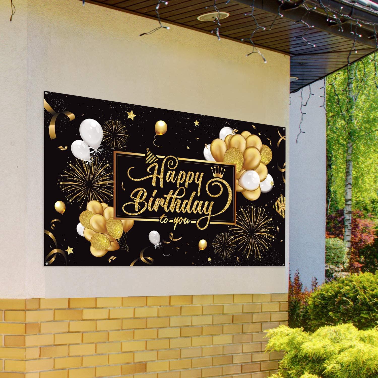 Happy Birthday Backdrop Banner Black and Gold Sign Poster Large Fabric ...