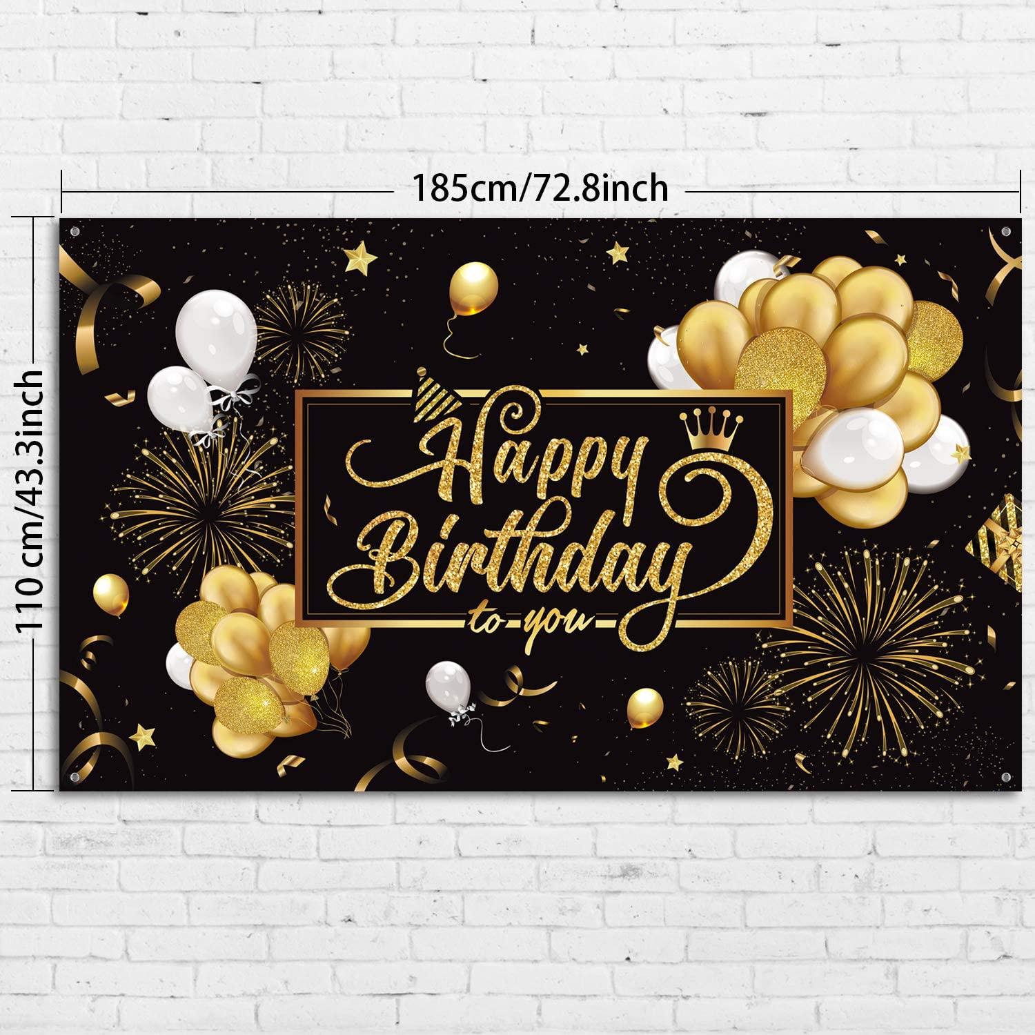 Happy Birthday Backdrop Banner Black and Gold Sign Poster Large Fabric ...